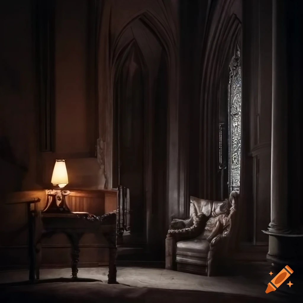 Living room and tv screen in a gothic church, dark