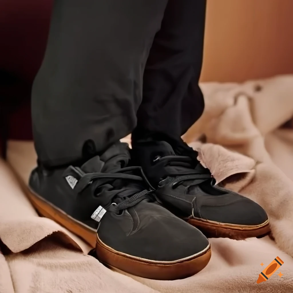 Young adult man's legs in black jako pants and black etnies shoes ...