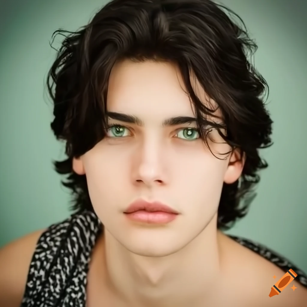 Young Man With Shoulder Length Wavy Black Hair And Green Eyes