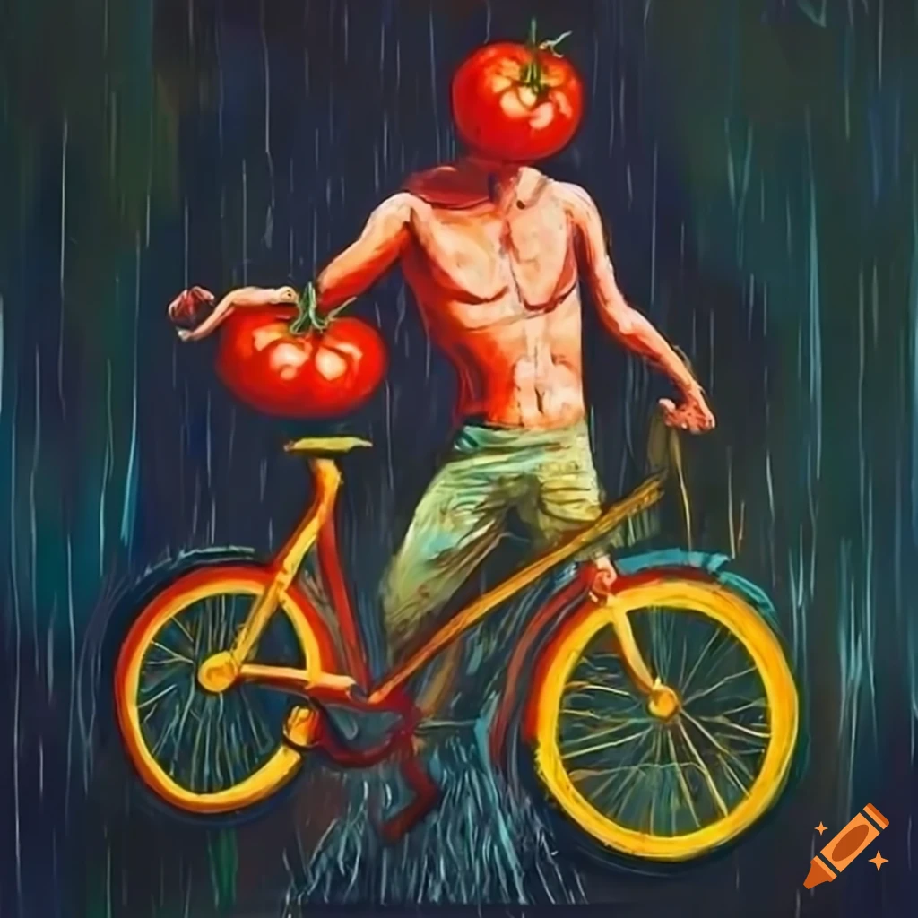 Daki style painting tomato man riding a bicycle in the rain