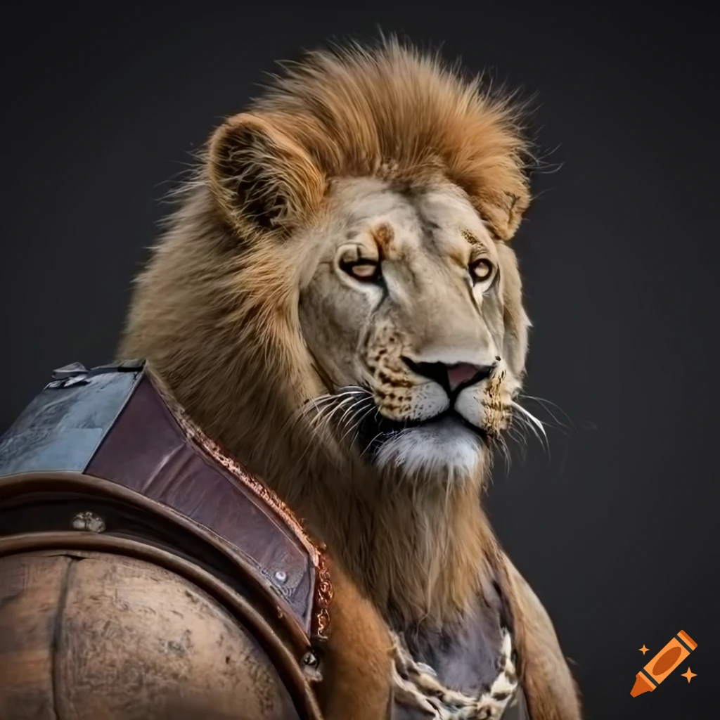 Heavy armored gladiator lion, photorealistic, sharp focus