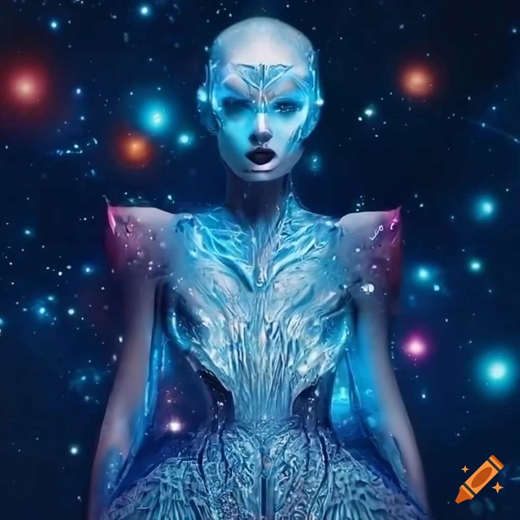 Stunning futuristic fashion dress shown on a cosmic-themed catwalk, 8k ...