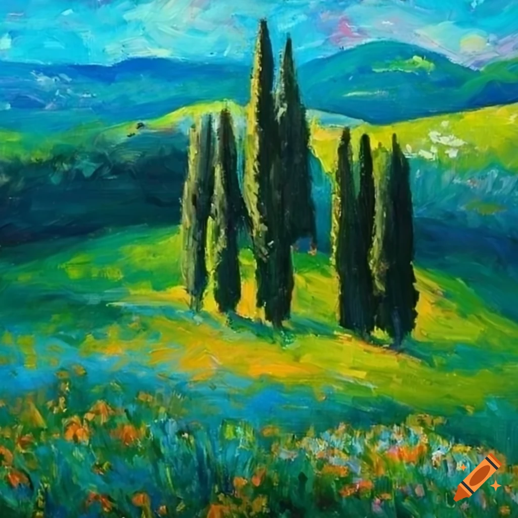Italian cypress trees and blooming wildflowers on the green hills of ...