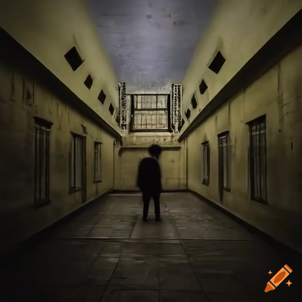 A massive landscape that resembles a jail cell, all colors desaturated ...