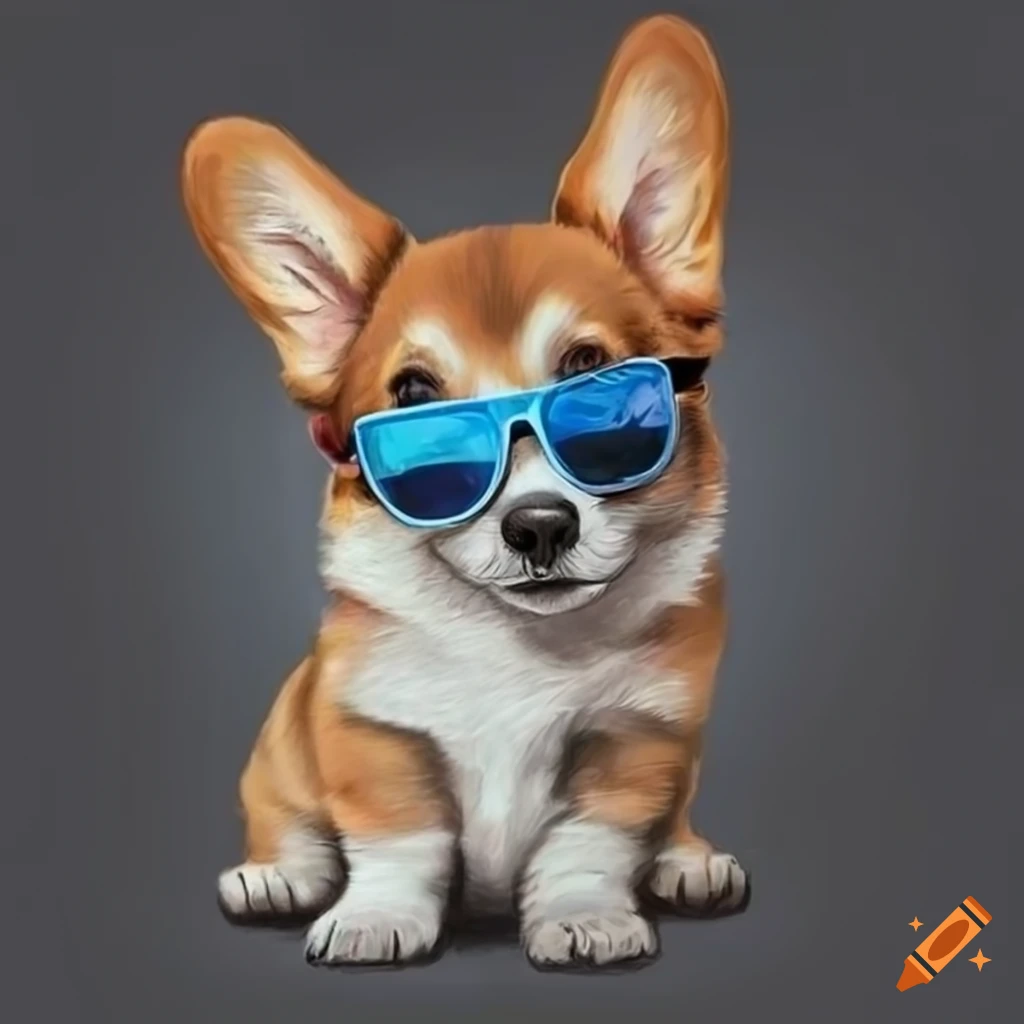 Hyper realistic portrait drawing of a baby corgi wearing blue sunglasses