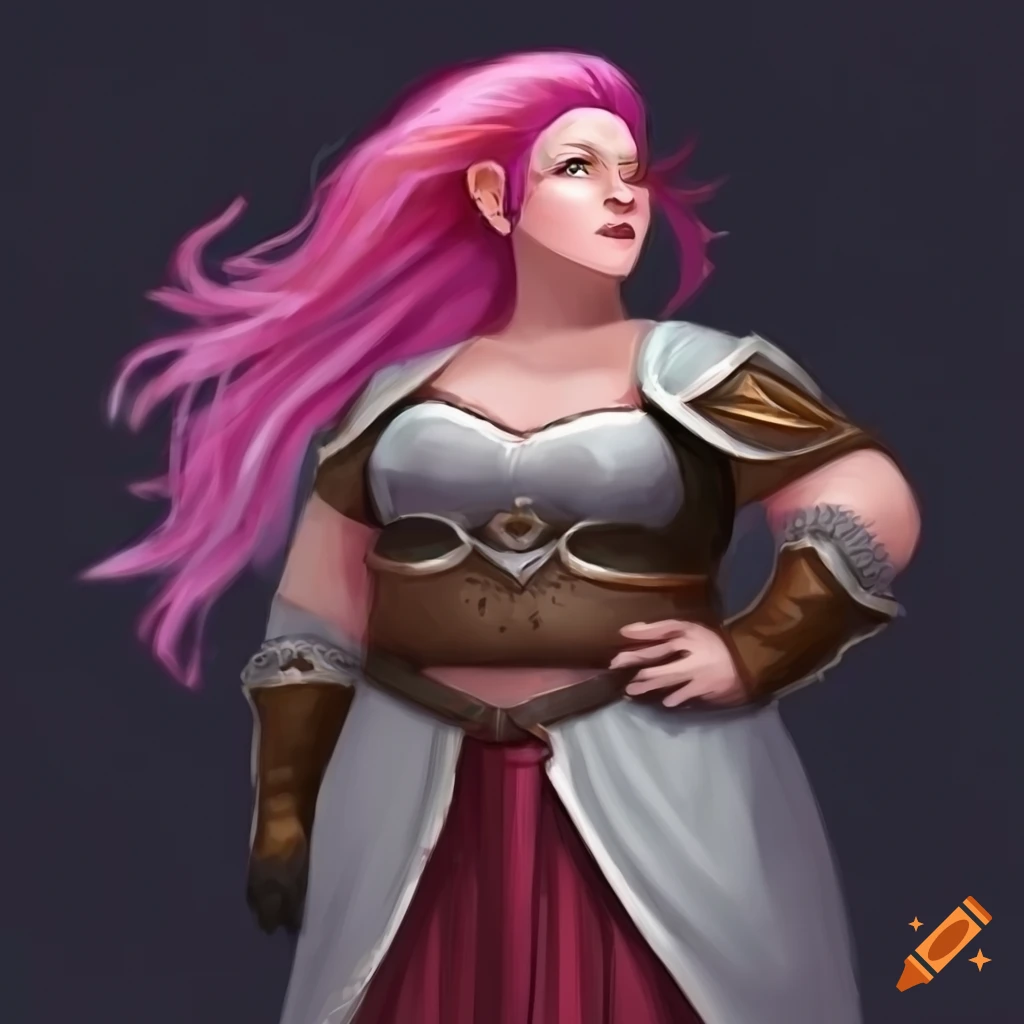 A plus-sized female high elf cleric with bright pink hair and white ...
