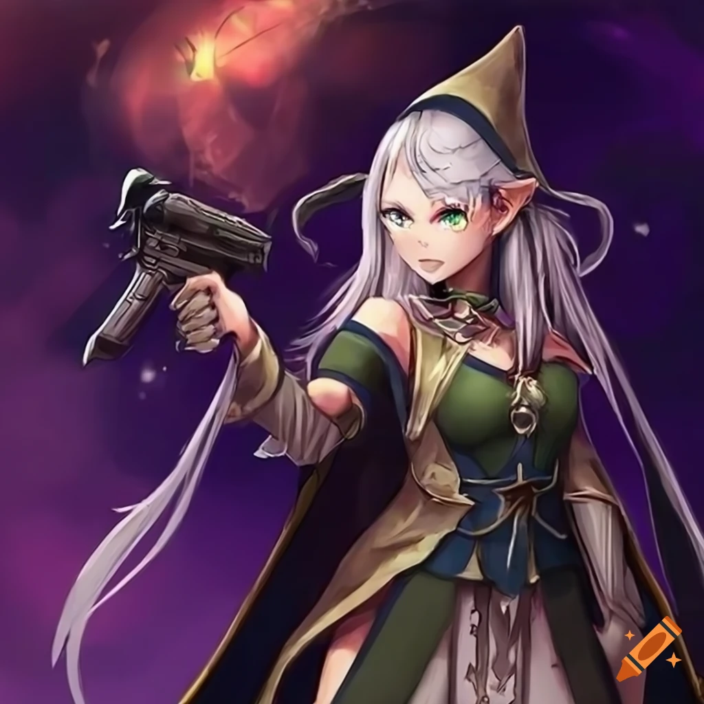 Anime elven wizard with a gun on Craiyon