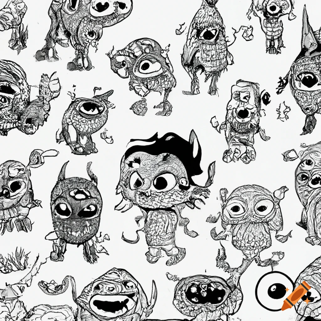Ink doodle of friendly baby monsters highly detailed 8K on Craiyon