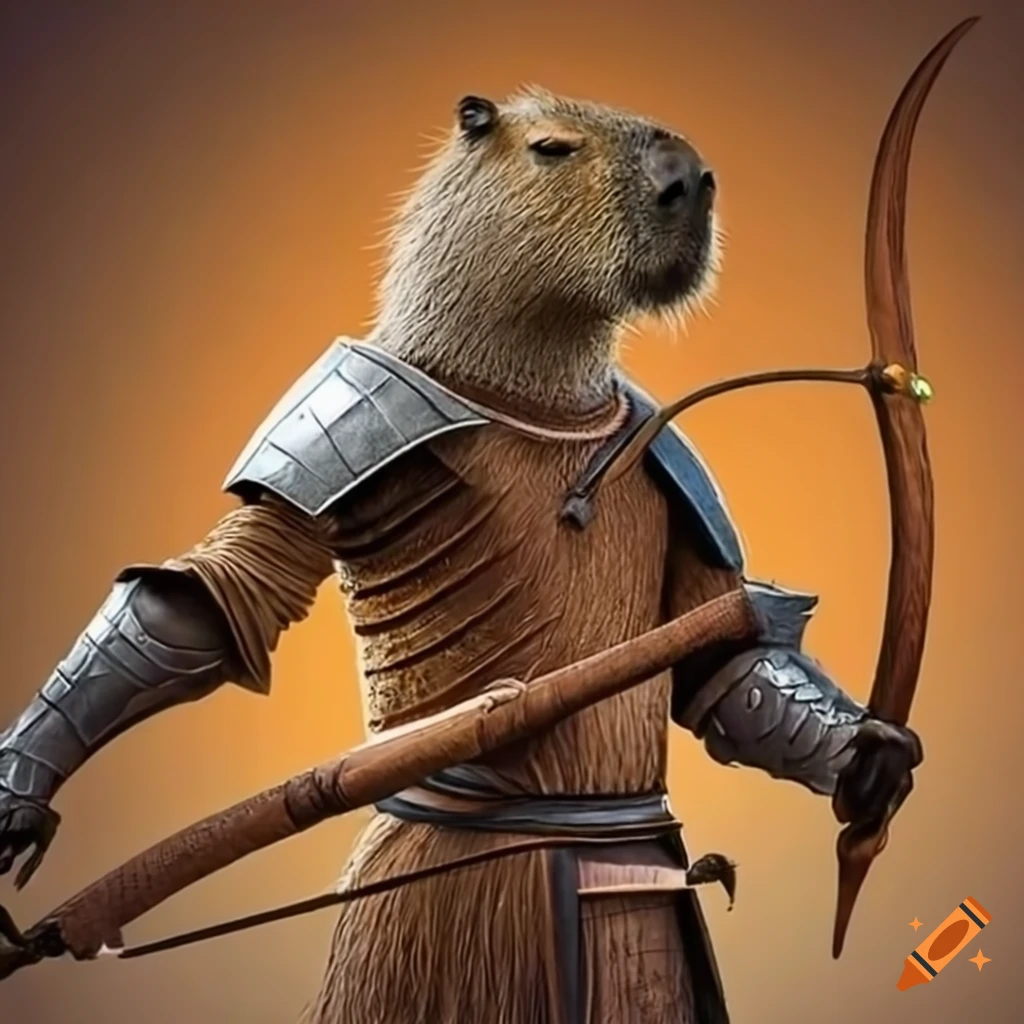 A capybara warrior in armor with a bow who looks like a king on Craiyon