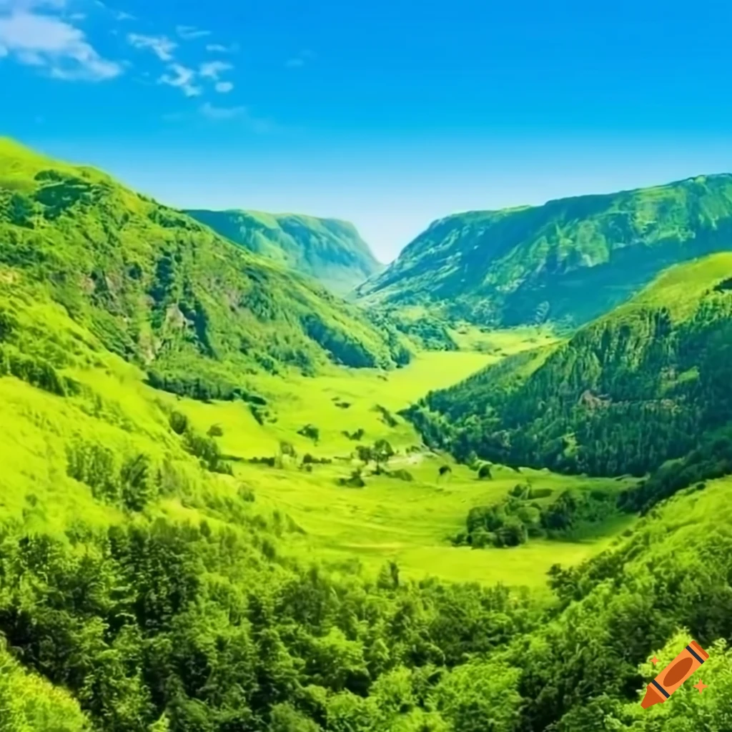 Breathtaking panorama of lush green valleys below a clear blue sky