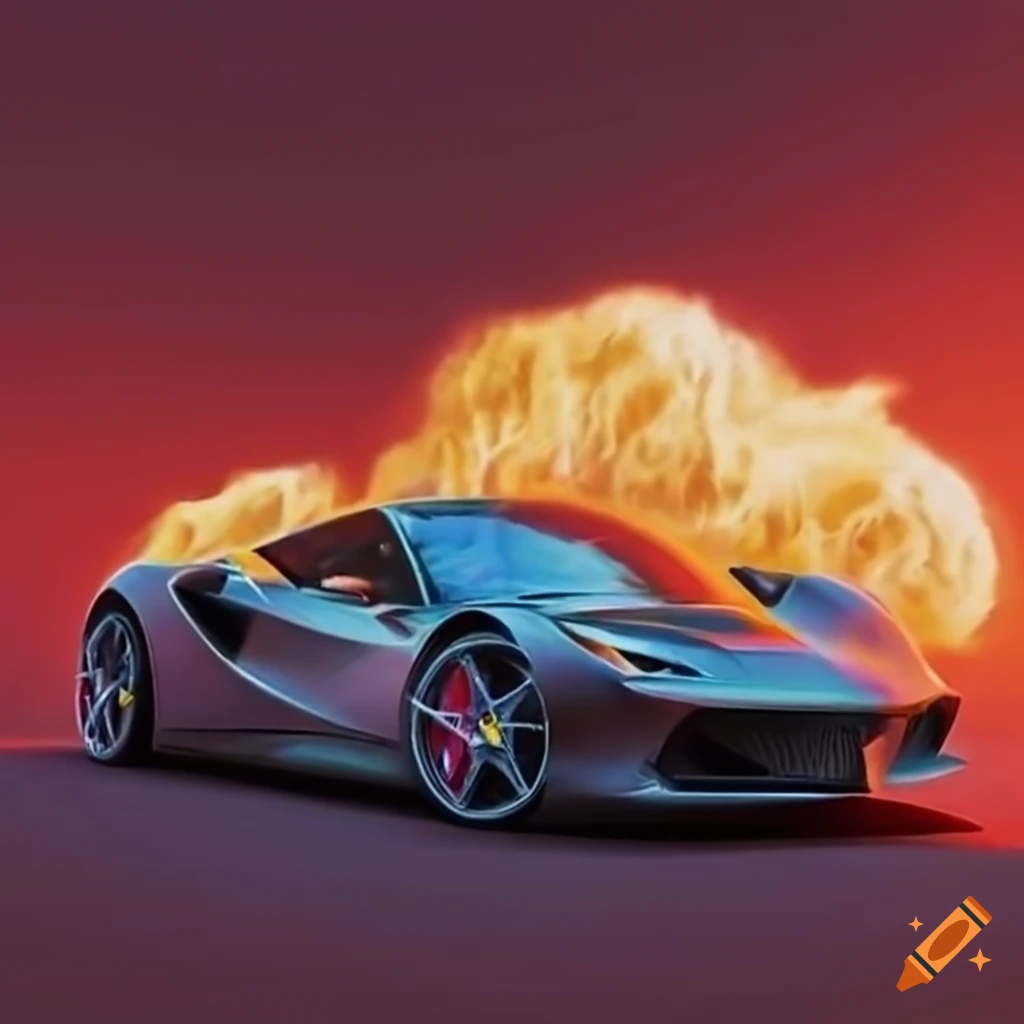 A dwarf driving a ferrari out of a gas cloud in fantasy style