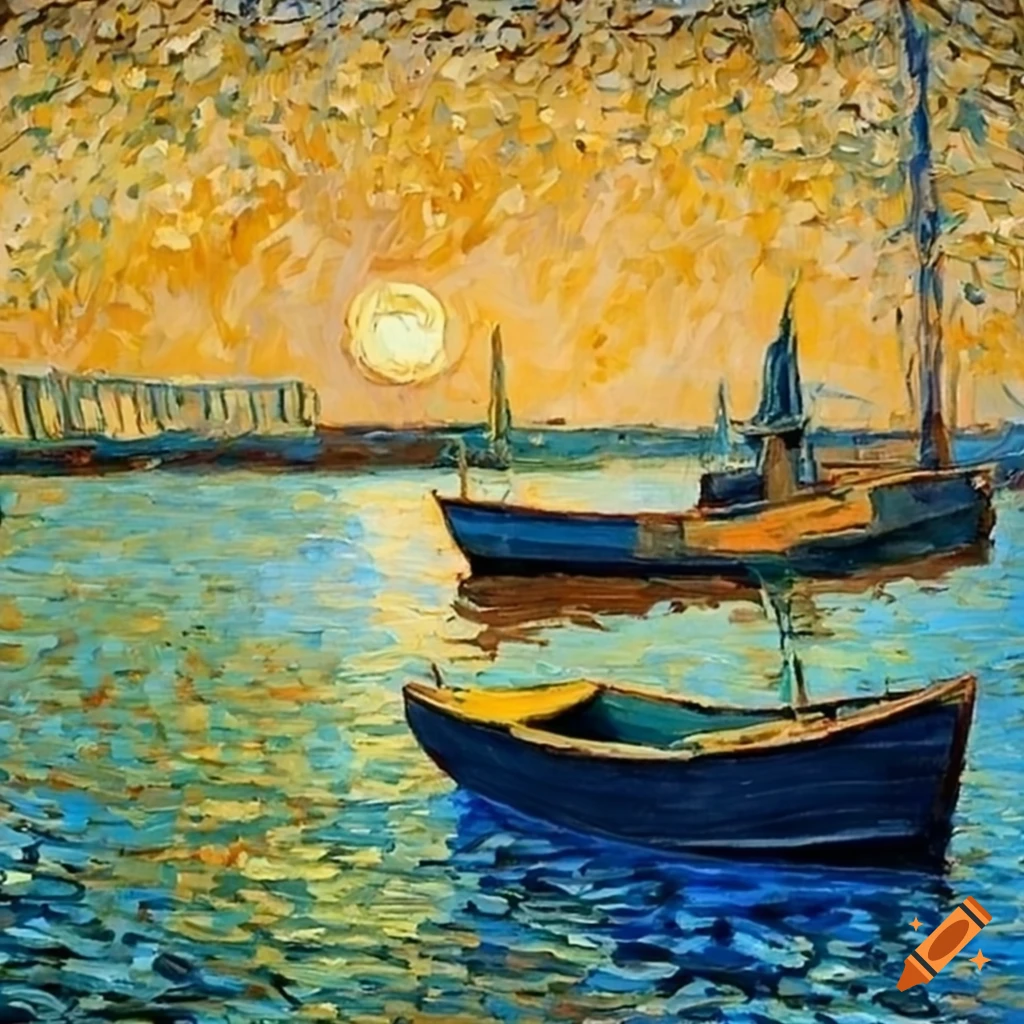 Vincent van gogh inspired fishing boat on water at sunrise painting