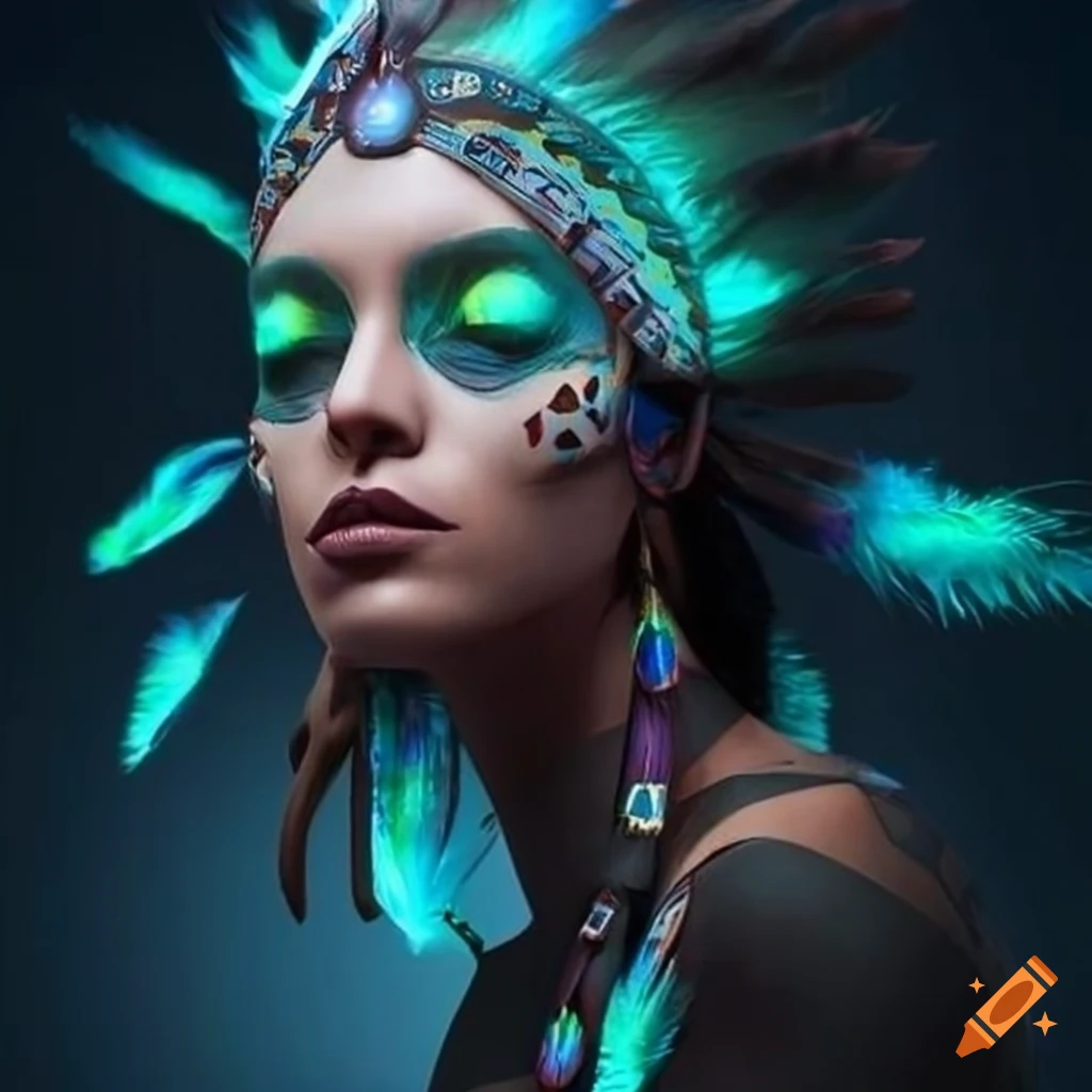 A futuristic character with native american-inspired attire and glowing ...
