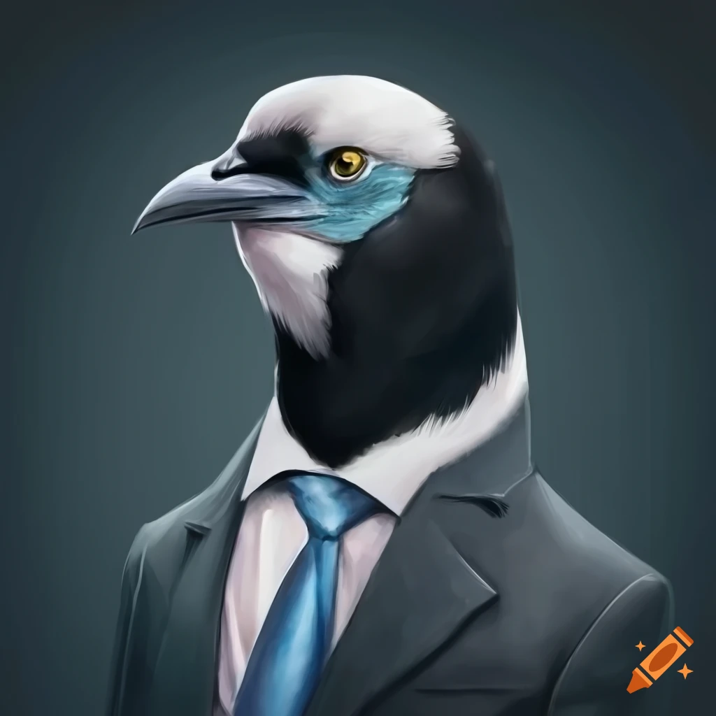 Hyperrealistic anthropomorphic magpie jaeger bird businessman in a gray ...
