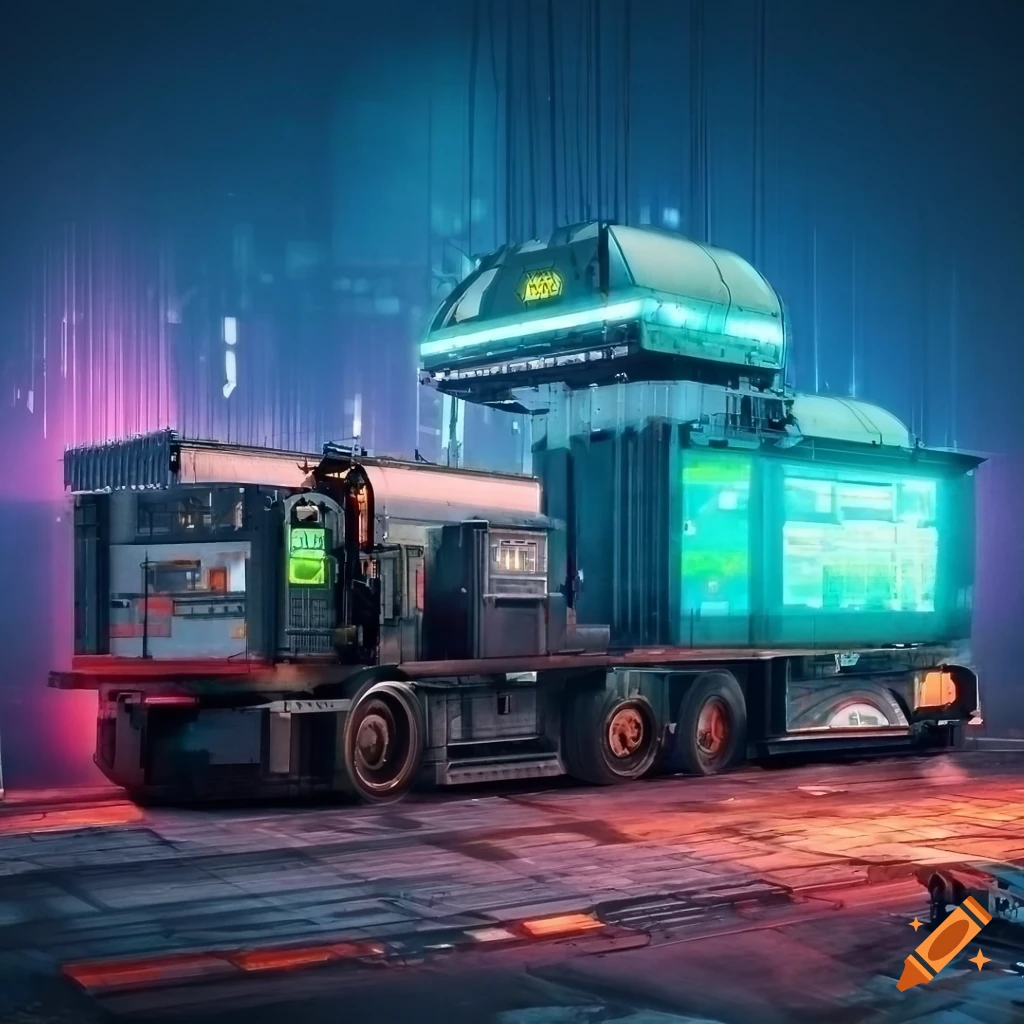 A busy living Decopunk cargo yard. Portal cranes are loading ((small ...