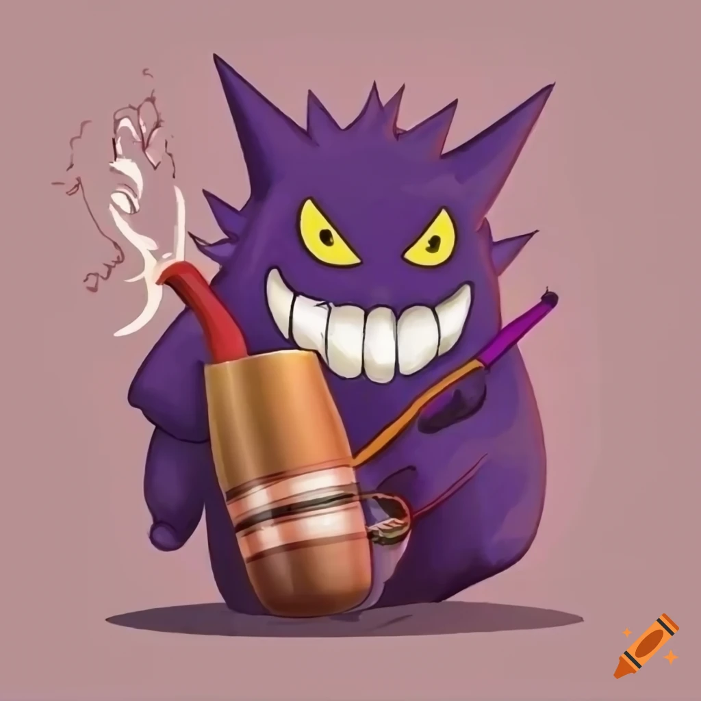 A cartoon style gengar wearing a kimono smoking a pipe on Craiyon