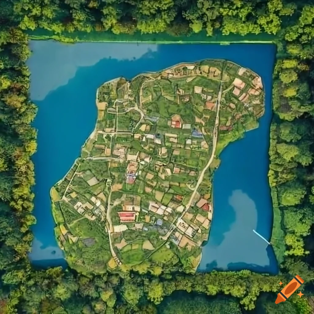 Overhead map of a small rural town by as lake surrounded by forest on ...