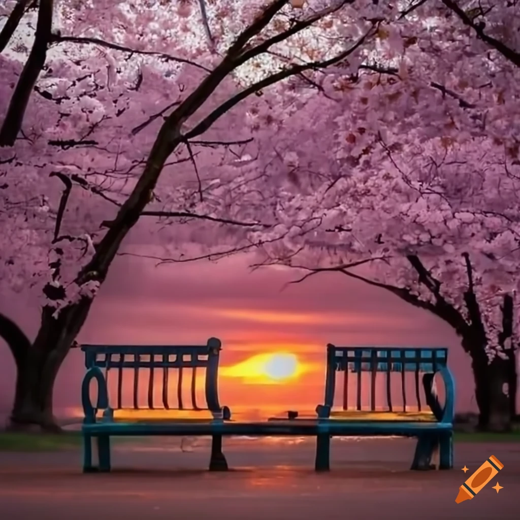A bench in front of a cherry tree during a sunset