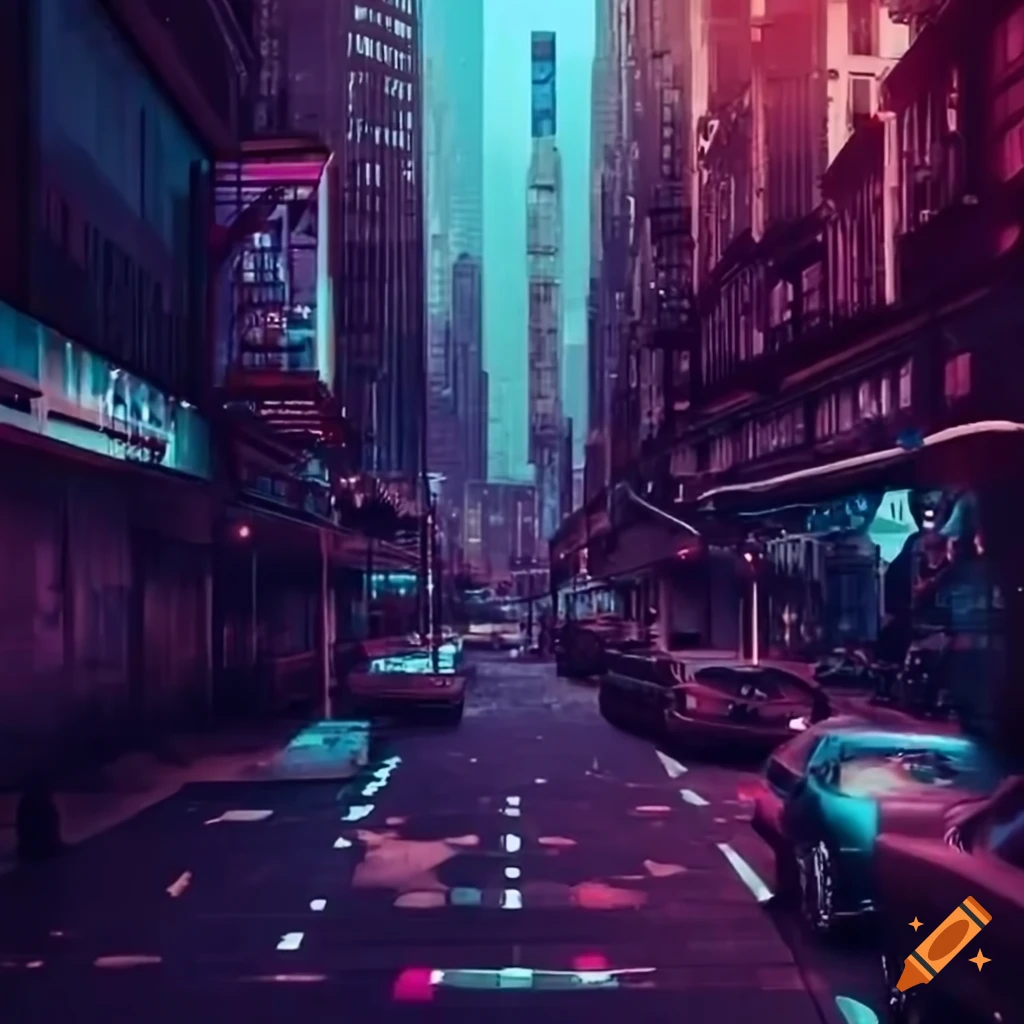 Dystopian cyber punk city street view with nobody else on Craiyon