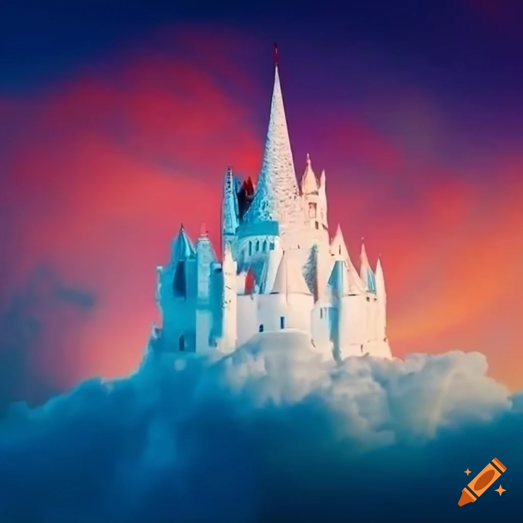 A mysterious white castle floating high in a colorful sky among ...