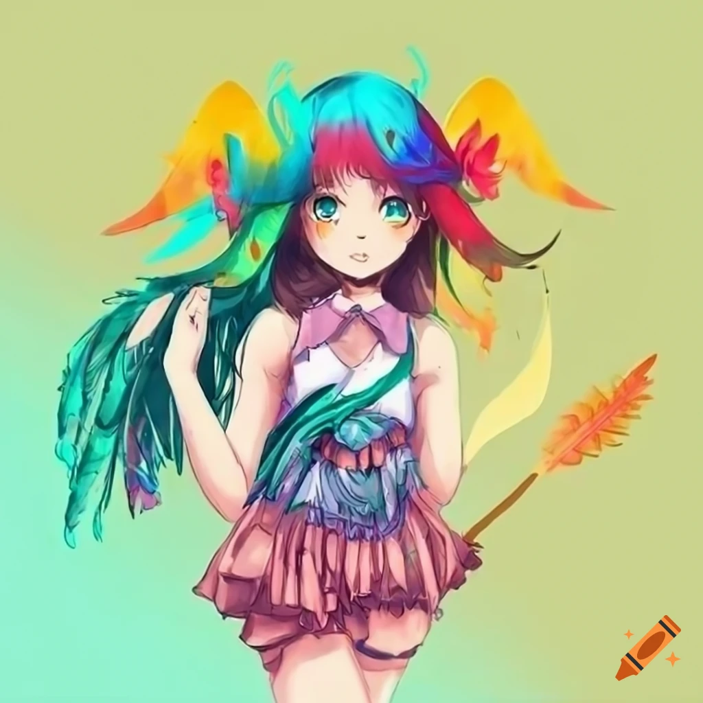 A duck girl with colorful feathers in anime style on Craiyon