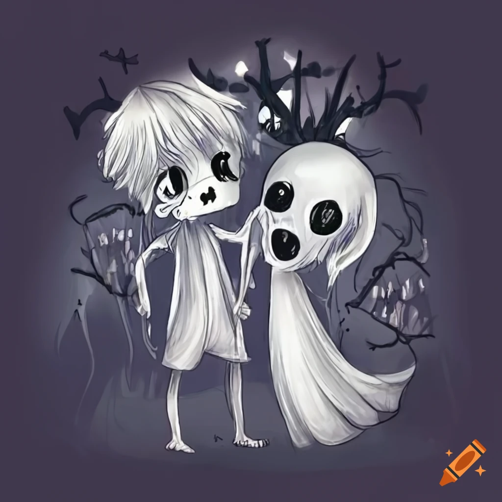 Cute and spooky ghost couple in a haunted mansion