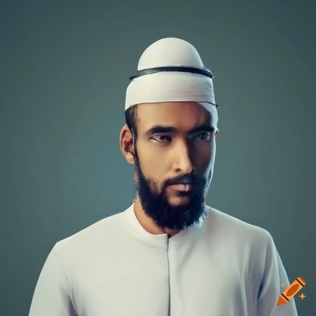 A strong muslim man in white kurta and topi on Craiyon