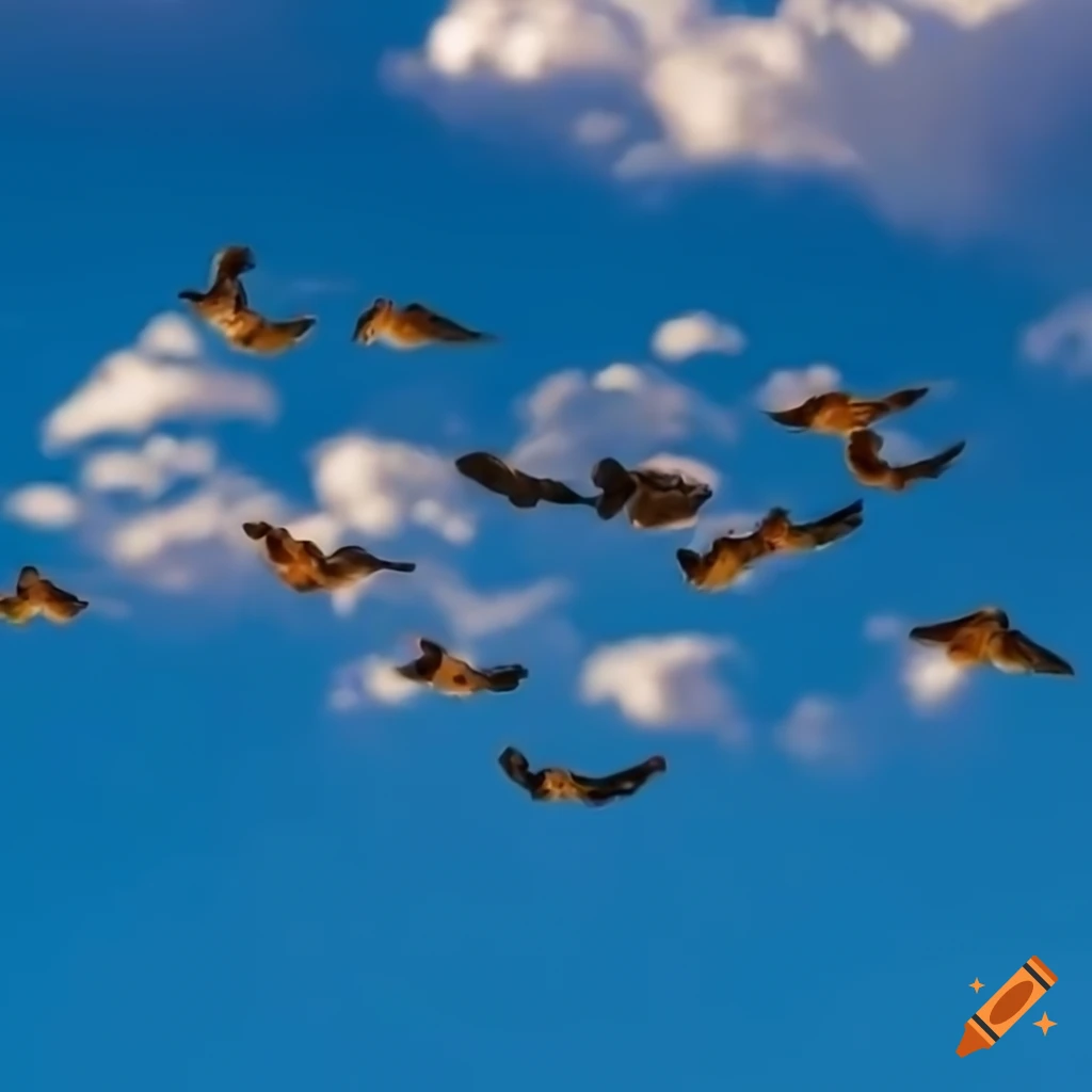 A flock of flying hamsters with large wings. Blue sky with clouds ...