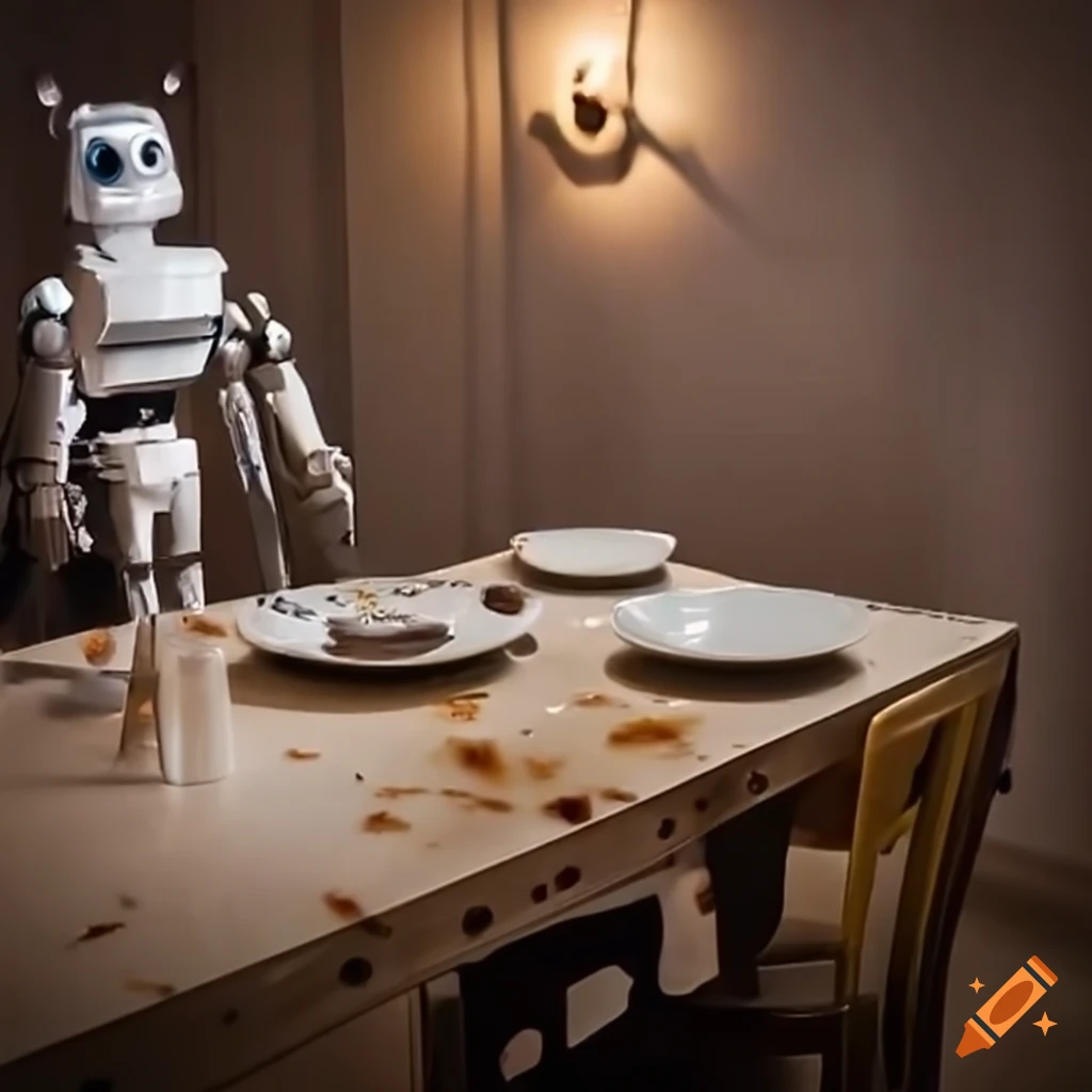 Some dirty dishes on a dining table and a robot beside the table
