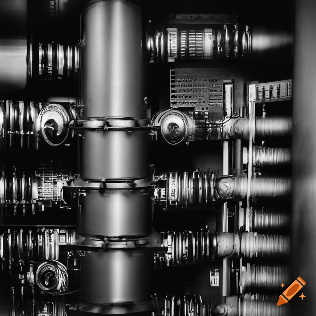 A black and white photograph of a 20th century control room for ...