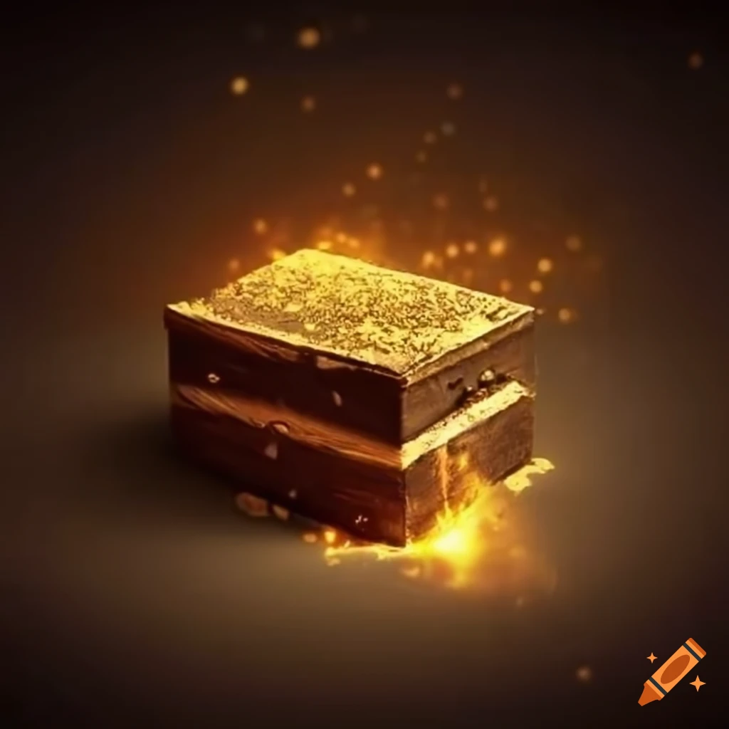Mysterious wooden box with a shining golden glow with particles on Craiyon