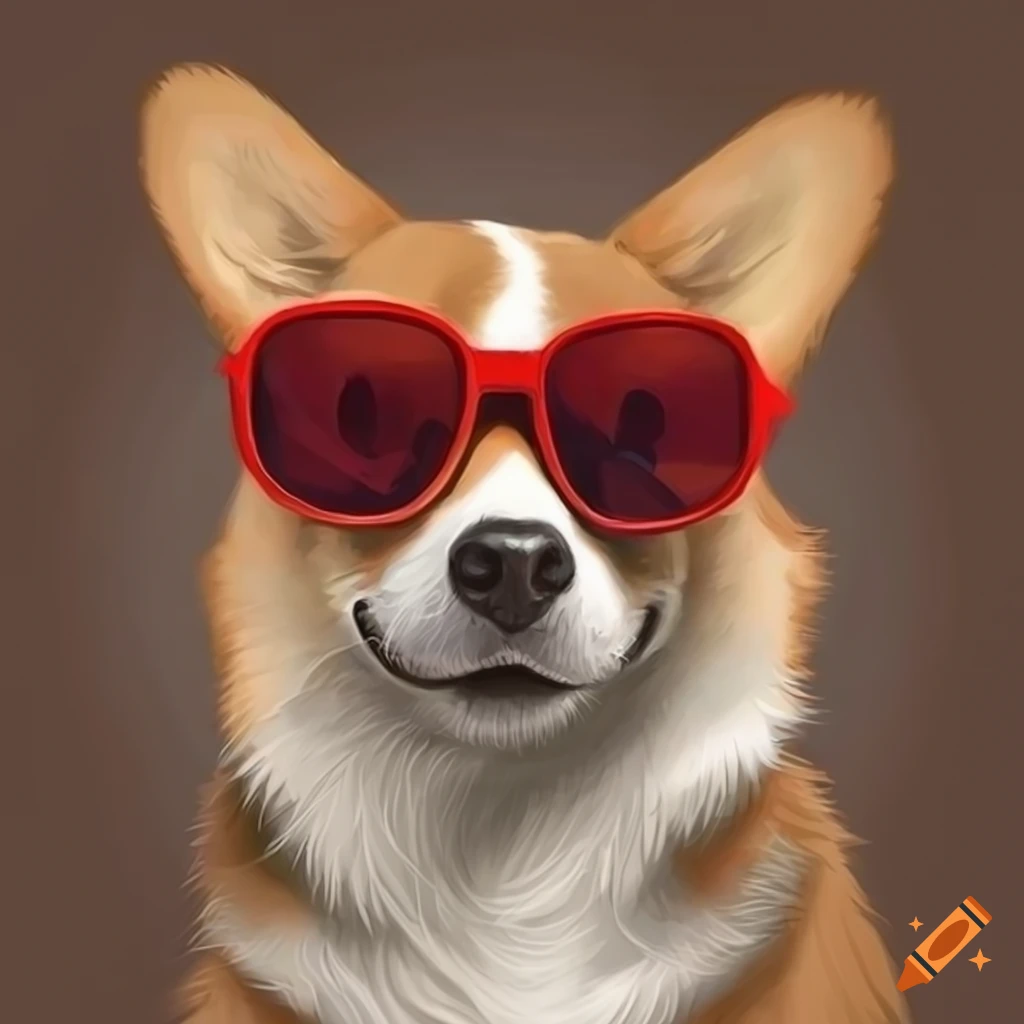 Hyper realistic side profile drawing of a baby corgi wearing red sunglasses