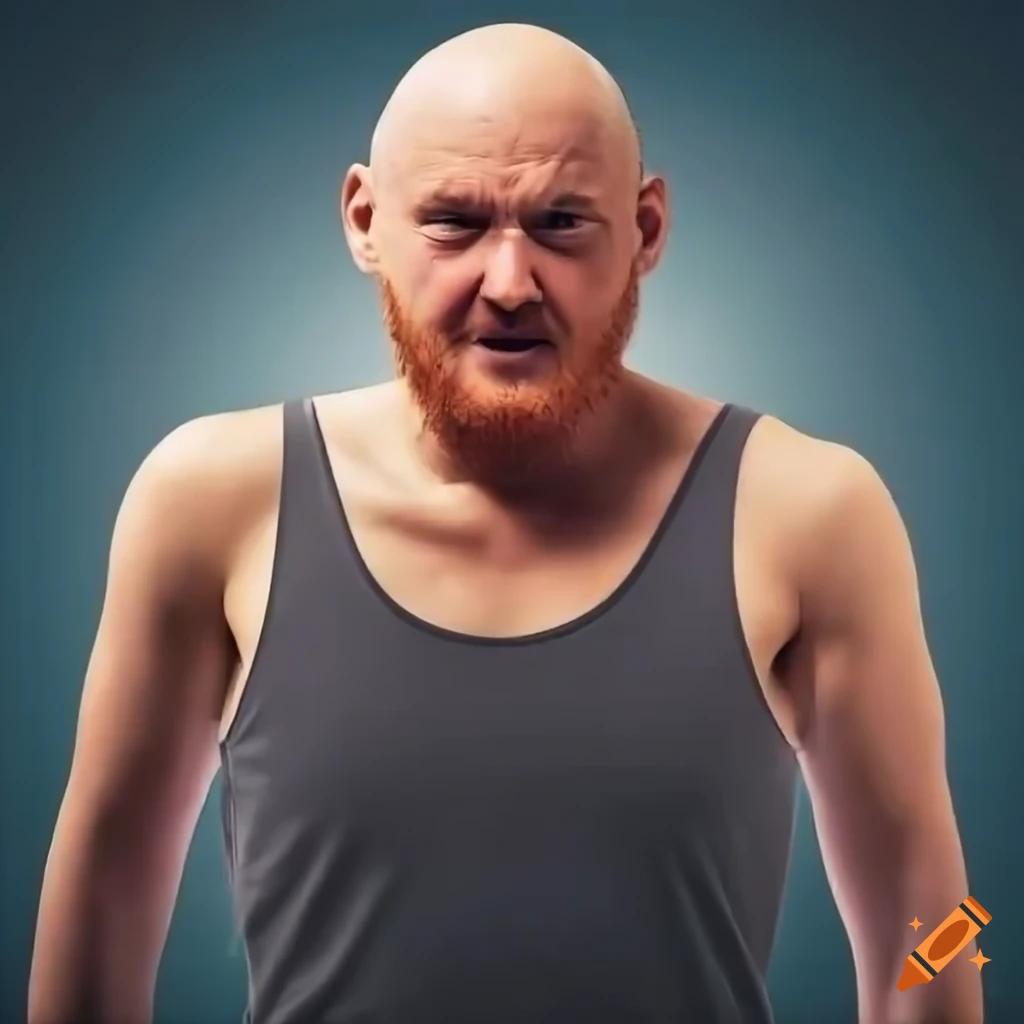 Bald man wearing a tank top with a grocery store background on Craiyon
