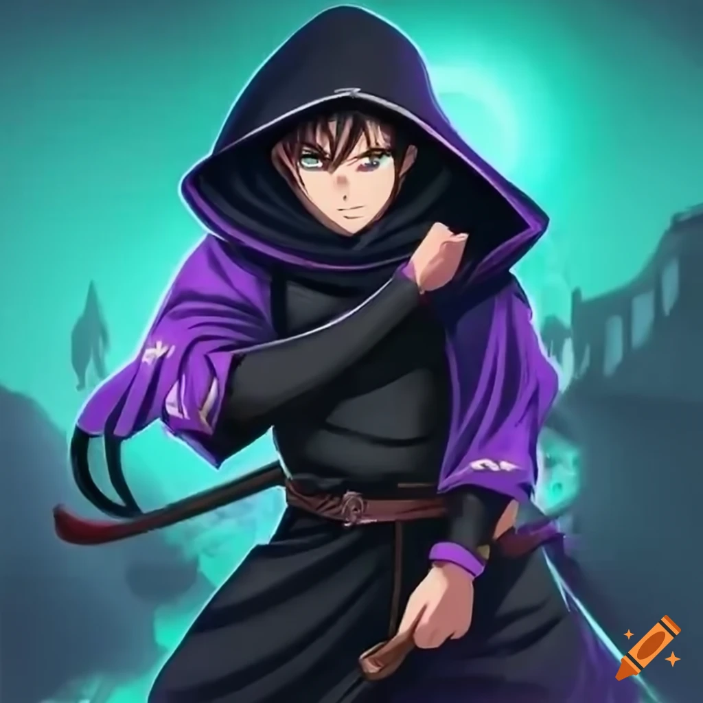 A fierce male ninja warrior wearing black clothing and a black hood ...