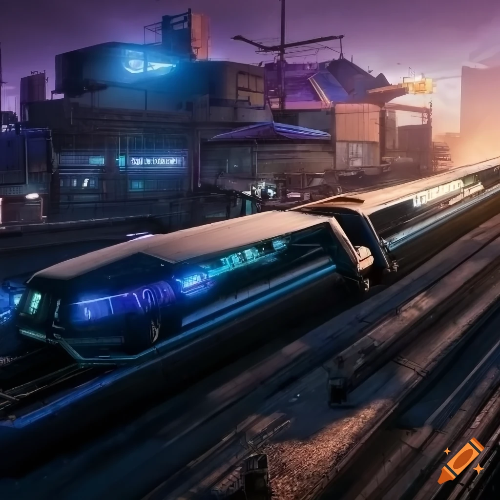 A busy living Decopunk cargo yard. Portal cranes are loading ((small ...