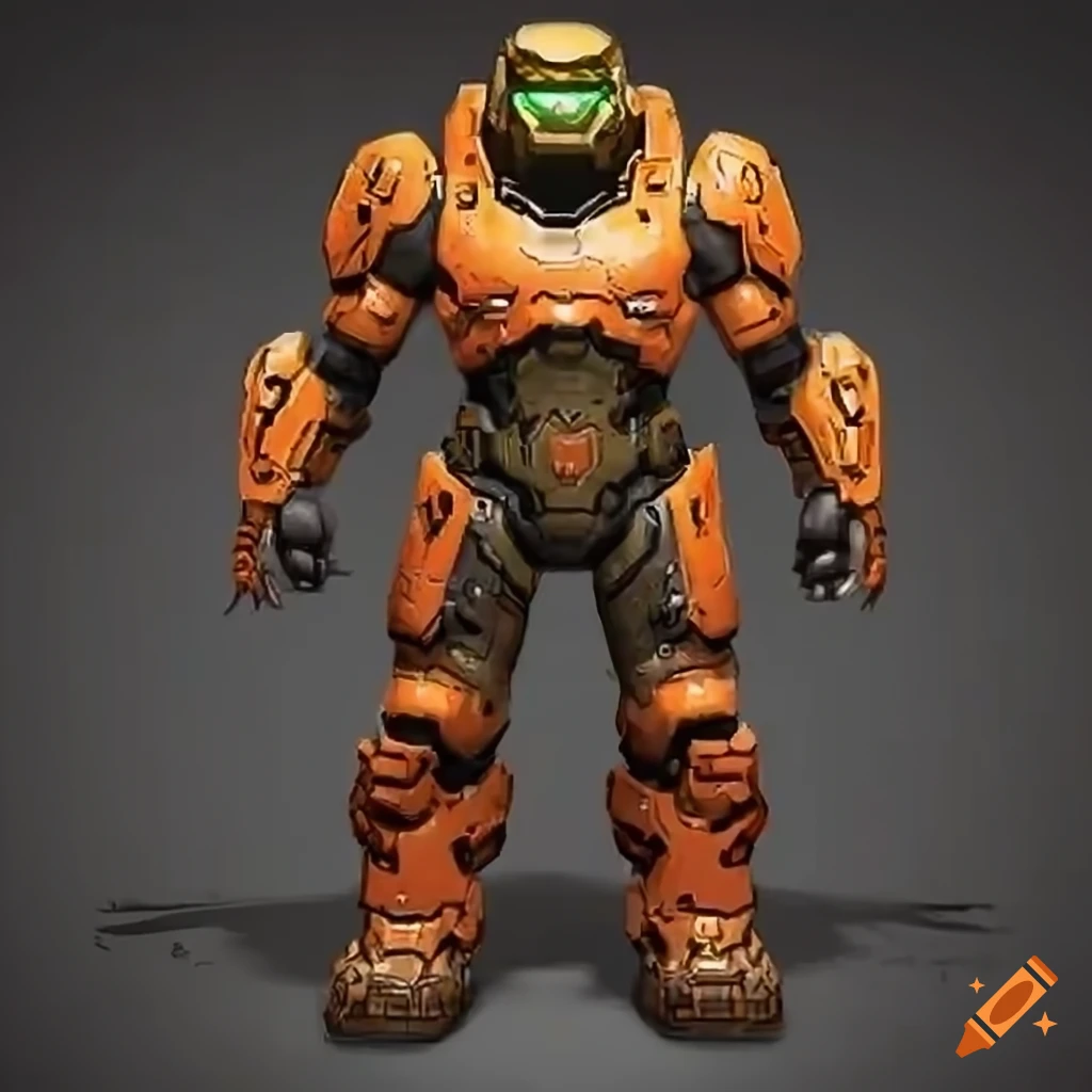 An orange coloured character inspired by a mix of the doom slayer ...