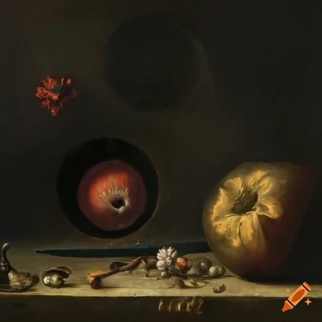 A dark and eerie landscape combined with a renaissance still life ...