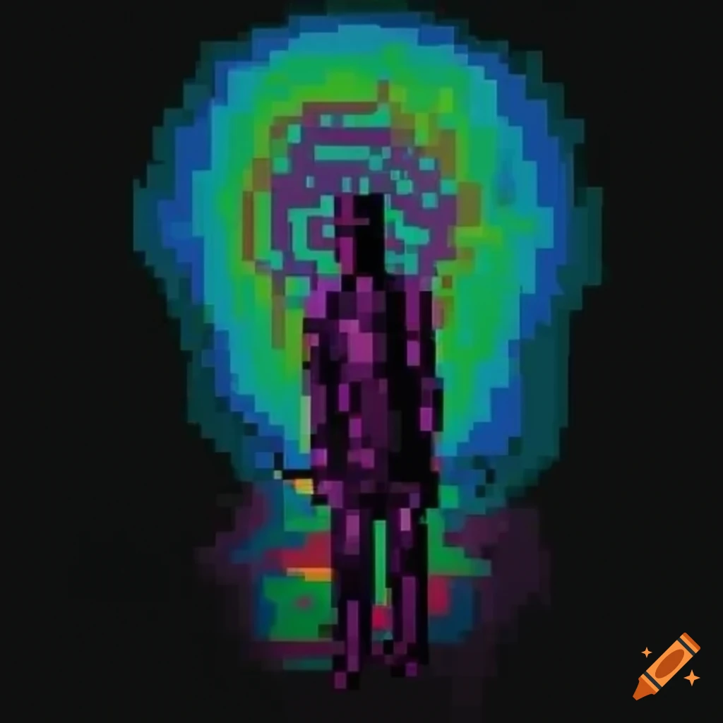 Dark, psychedelic, pixel art , full body man