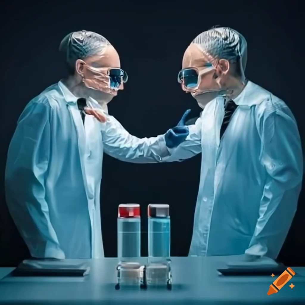 Two people, one in a lab coat and the other in a suit arguing with each ...