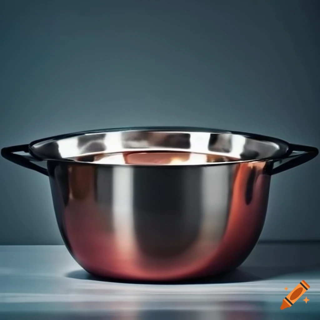 Stainless steel cooking bowl with a person’s reflection on it on Craiyon