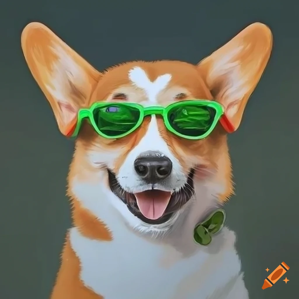 Hyper realistic portrait drawing of a baby corgi with green sunglasses ...