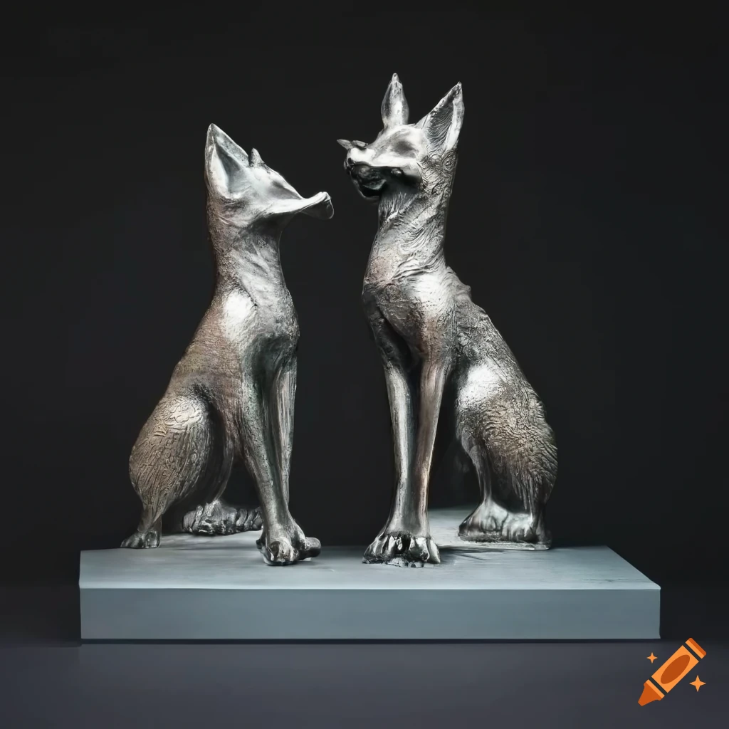 A pair of bronze inari fox statues