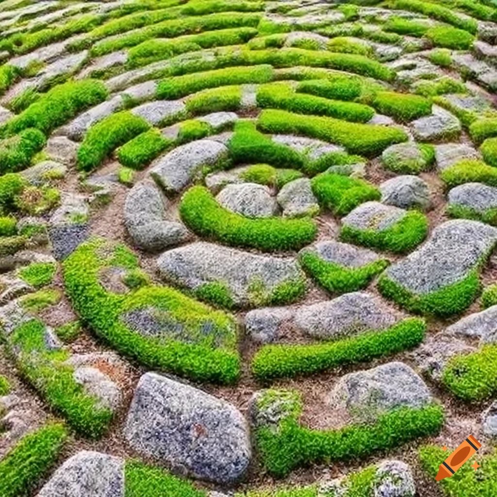 A stone labyrinth with pathways like a spiderweb, high angle, scenic ...
