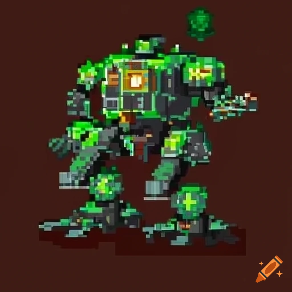 Steam punk mecha with green poison tank on his back pixelart on Craiyon