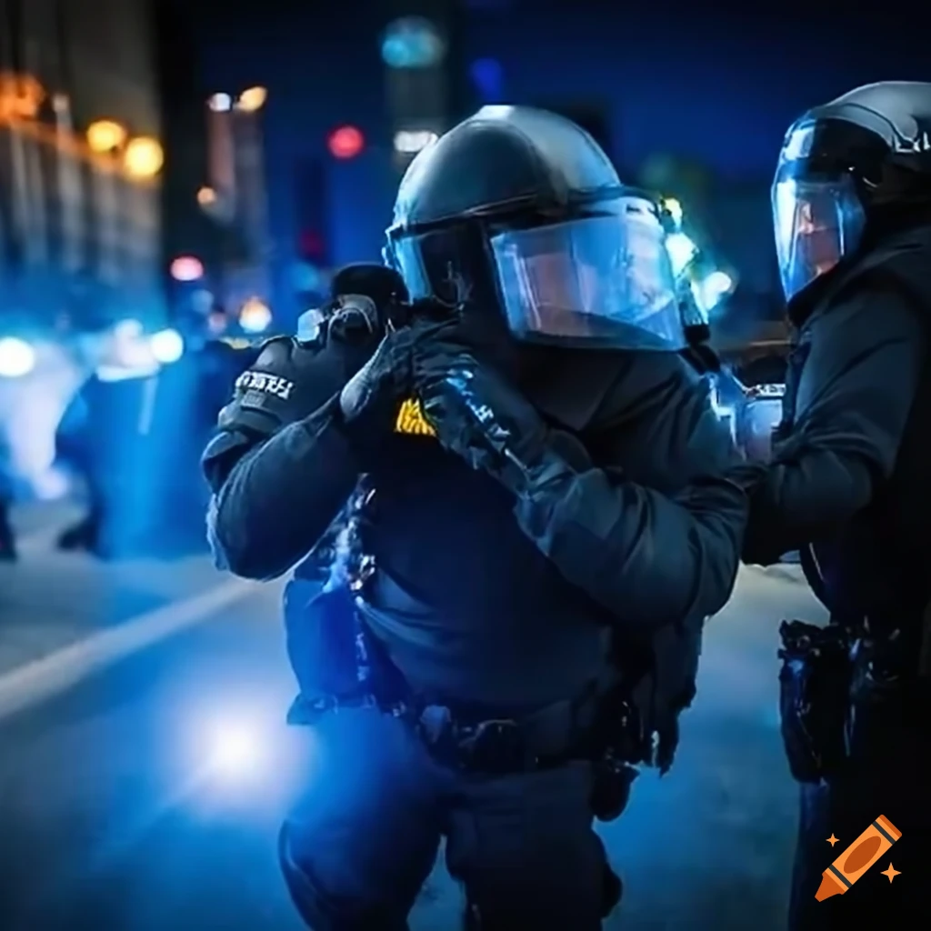 Law enforcement officers in riot gear confronting (protesters wearing ...