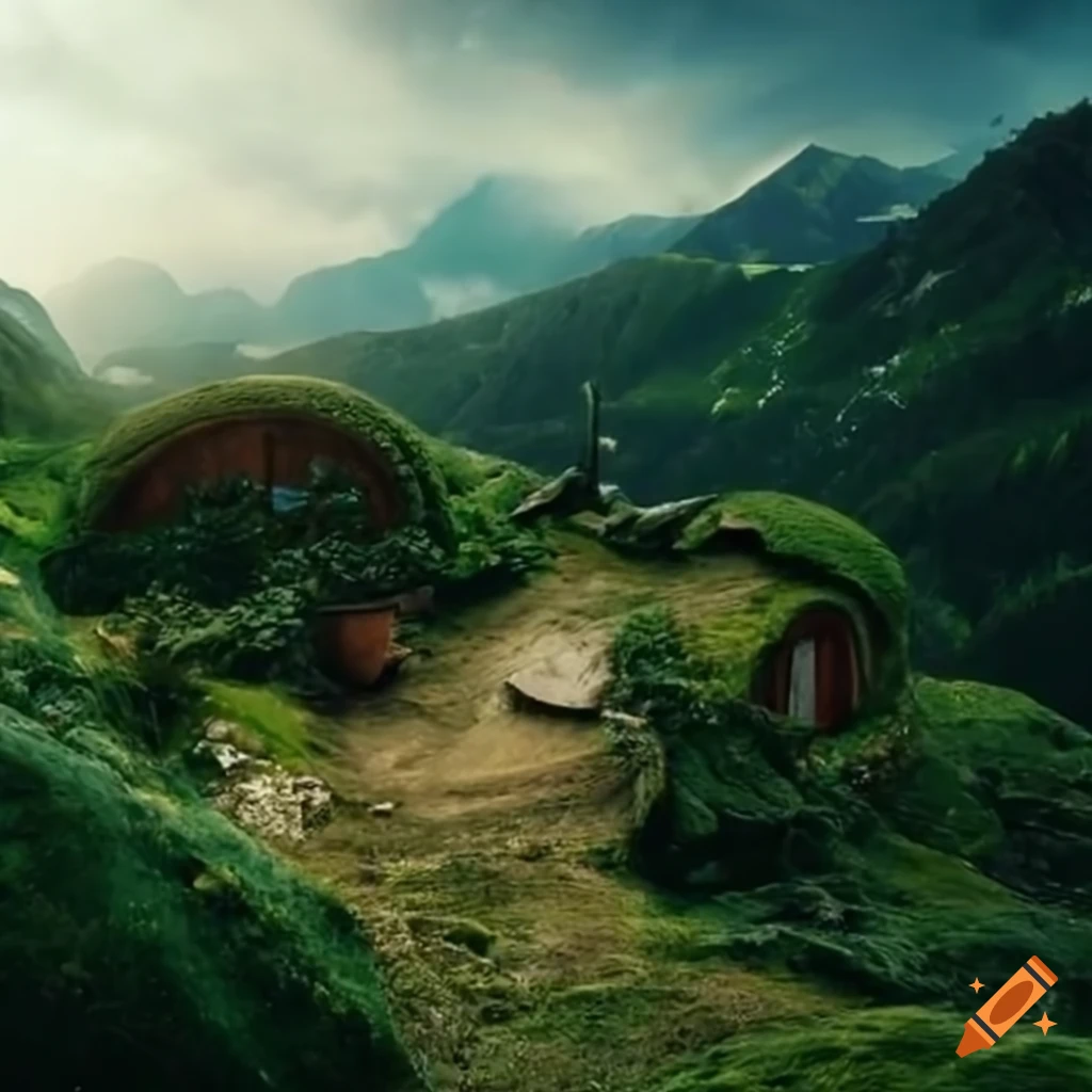 Hobbits walking in the mountains on Craiyon