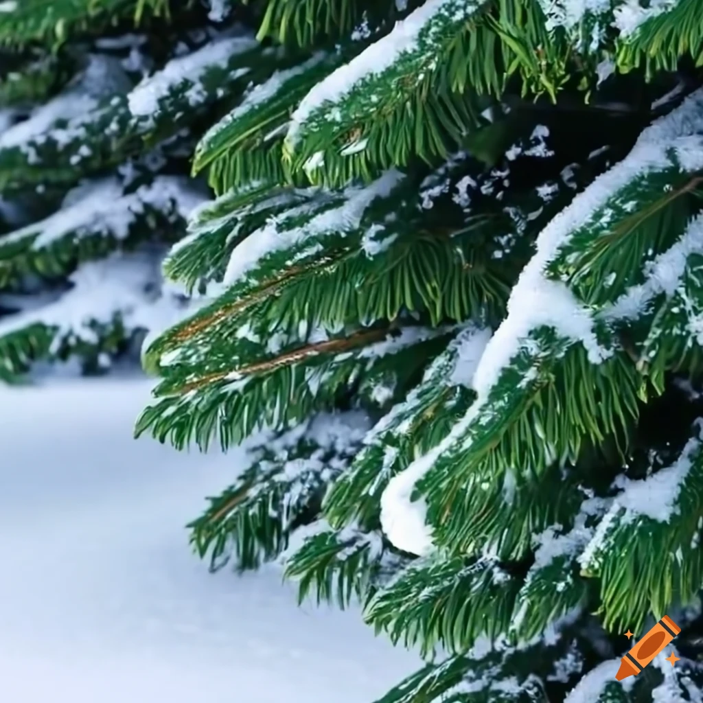 Close up of snowbank with evergreen needles, high definition on Craiyon