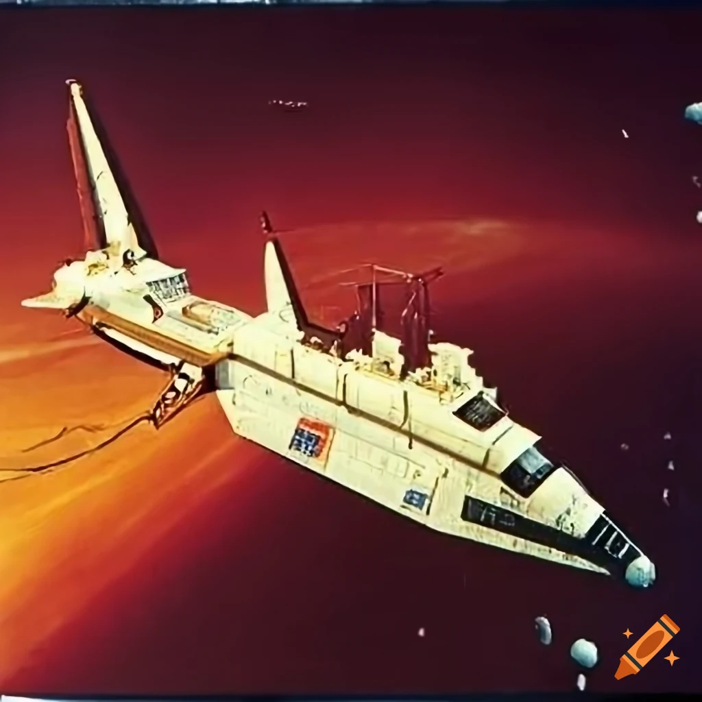 70s sci fi, flying pirate ship, trireme, space shuttle orbiter vehicle ...