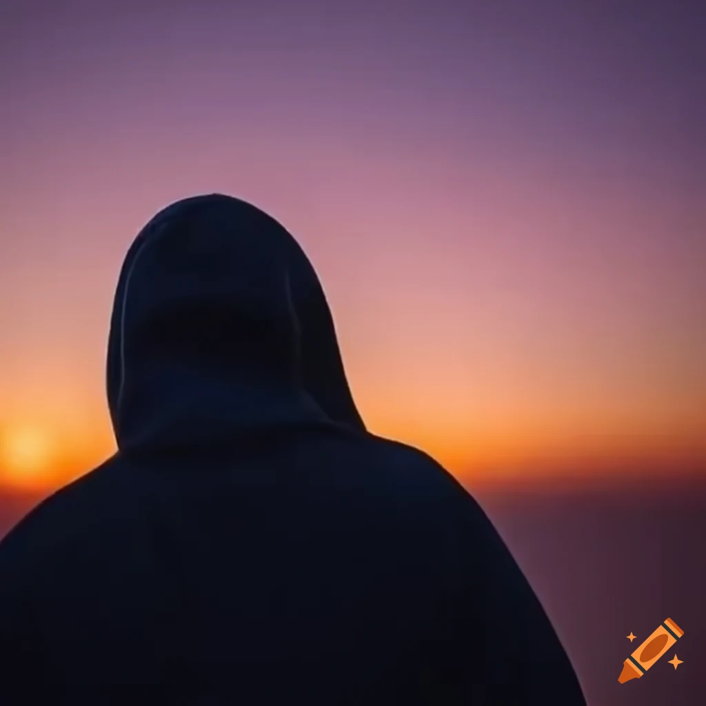 Person in hoodie admires vibrant sunset from behind on Craiyon