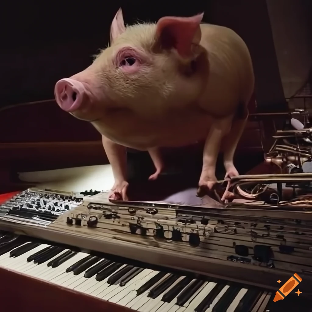 A musical band of pigs, one pig that play synthesizers and one pig that ...